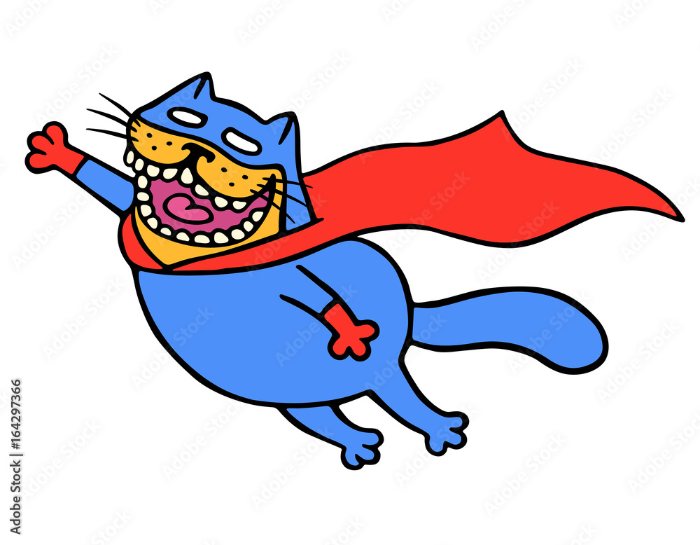 Cute super cat in a raincoat is flying to save the world. Isolated ...