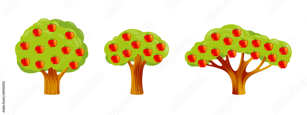 Apple Trees Set of different shapes and sizes. Red Fruits on a bright ...