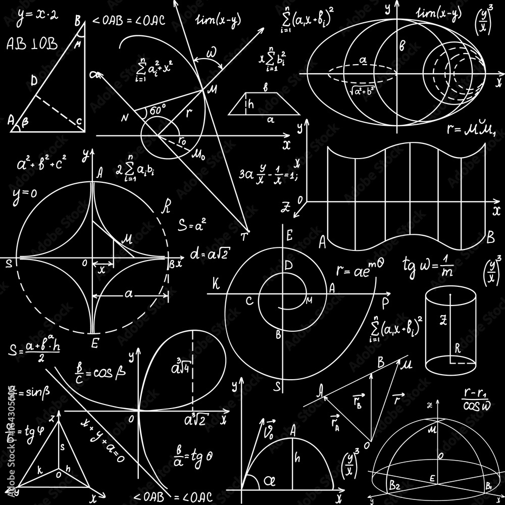 Math Educational Vector Seamless Pattern With Handwritten Formulas And Calculations Geometrical