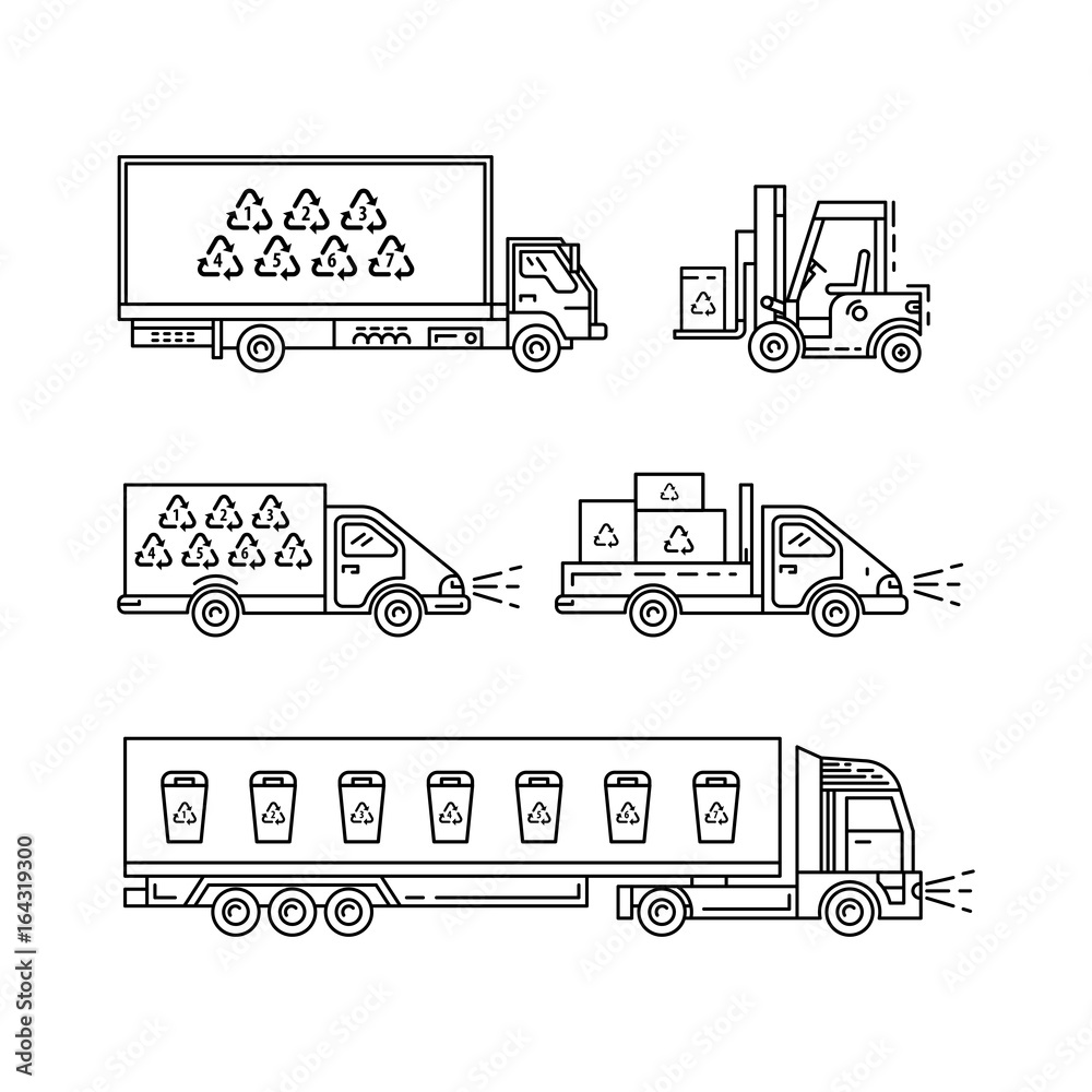 Vector linear trucks with recycling symbols. The trucks which transport ...