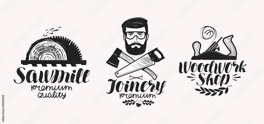 Joinery, sawmill label set. Woodwork shop icon or logo. Handwritten ...
