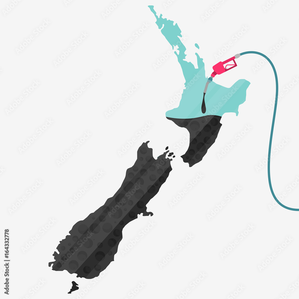 Map of New Zealand being fueled by oil. Gas pump fueled map. On the map ...