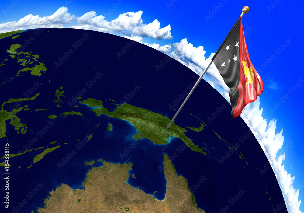 Papua New Guinea national flag marking the country location on world ...
