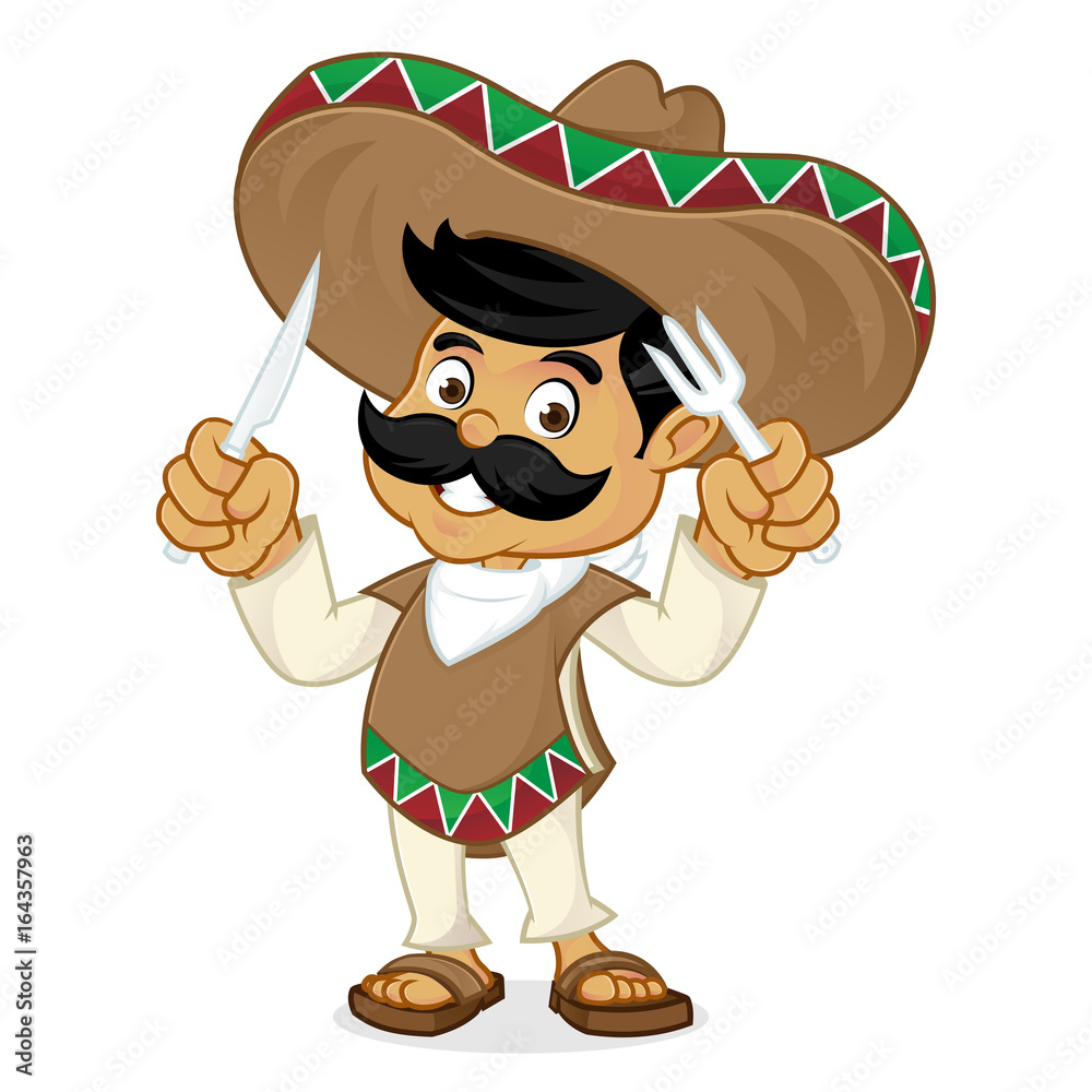 Mexican man cartoon holding fork and knife Stock Vector | Adobe Stock