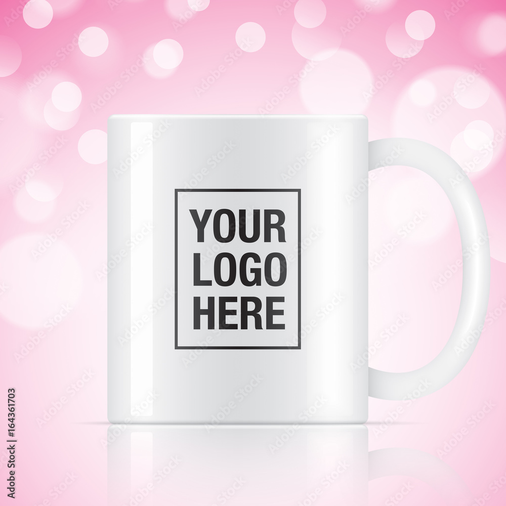 White vector coffee mug template isolated on a pink bokeh background ...