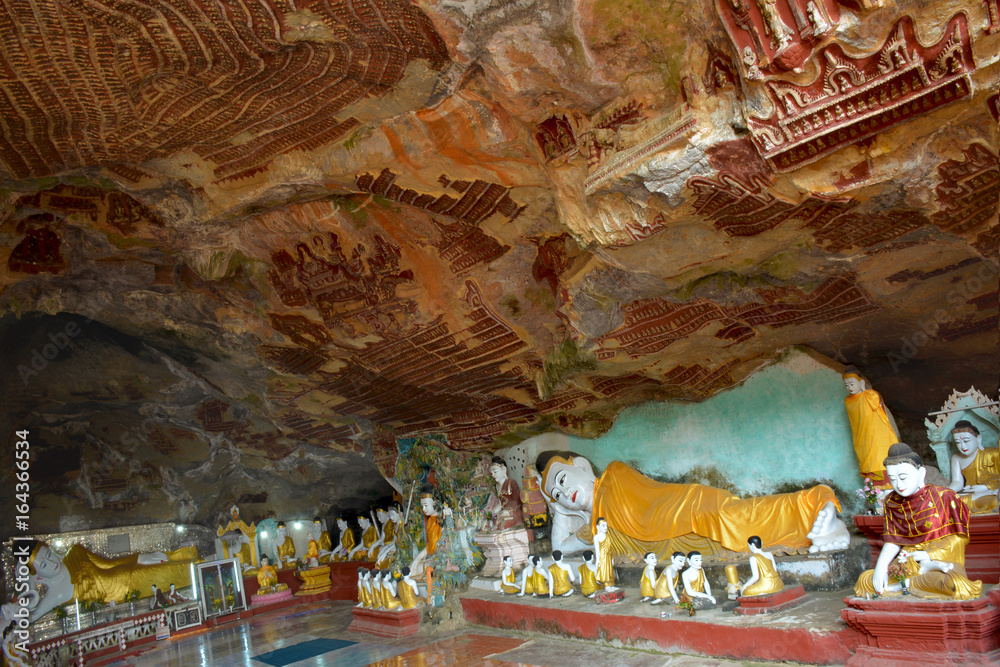 Beautiful view inside Kawgun Cave in Hpa-An, Myanmar. A lot of various ...