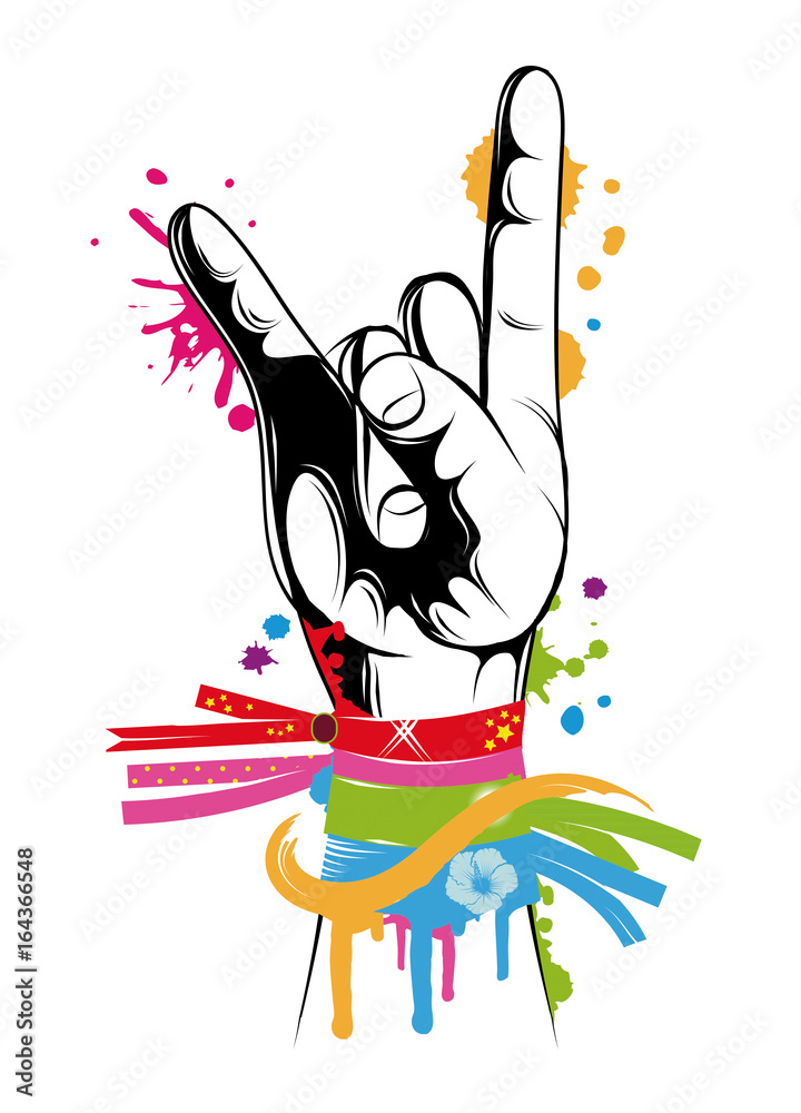 Handzeichen auf einem Festival. Am Handgelenk sind verschiedene ...