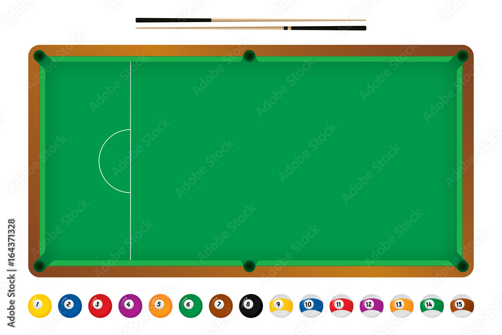 Vector of green snooker table with balls and wood cue from top view ...