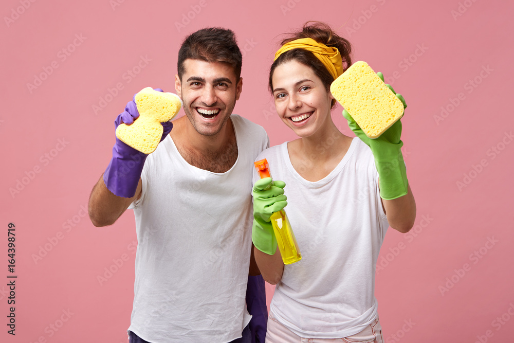 Housekeeping, cleanliness, hygiene and domestic work concept. Happy ...