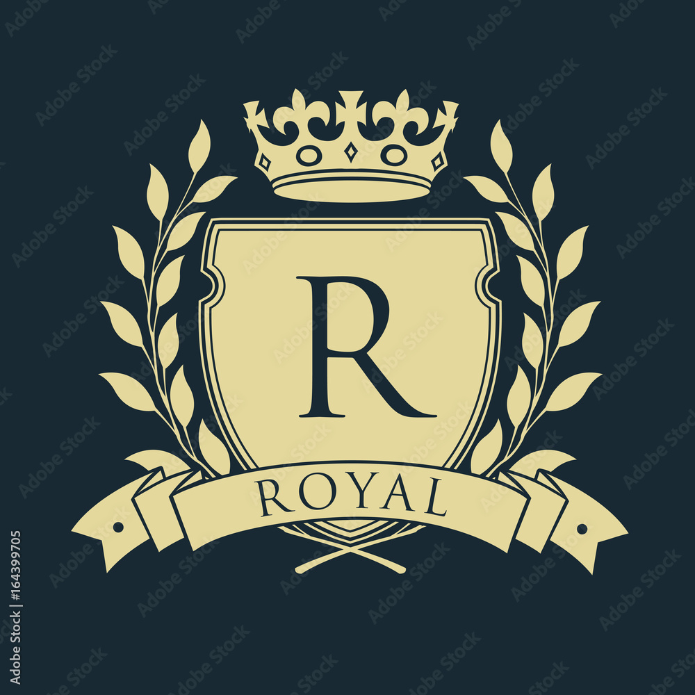 Royal coat of arms. Heraldic royal emblem shield with crown and laurel ...
