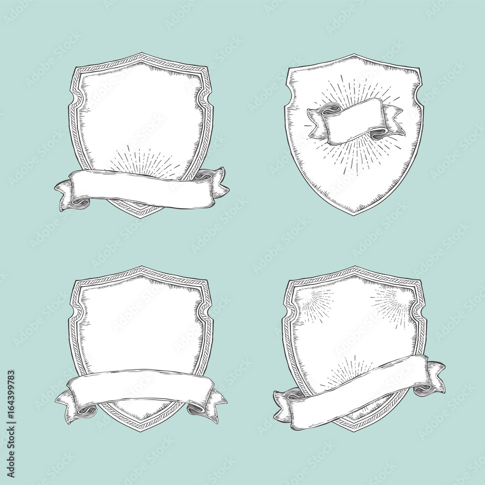 Heraldic shield with various decorative ribbons on a white background ...