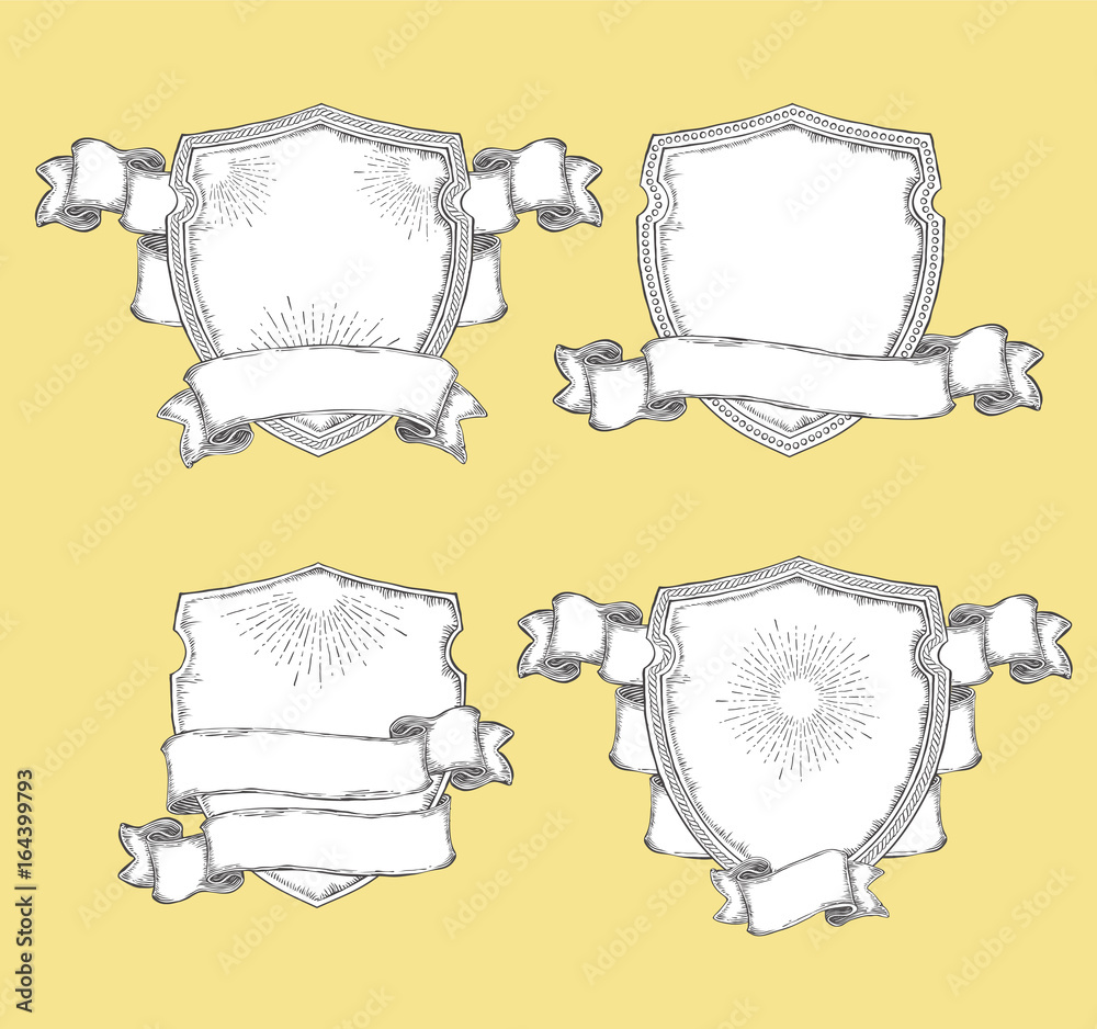 Heraldic shield with various decorative ribbons on a white background ...