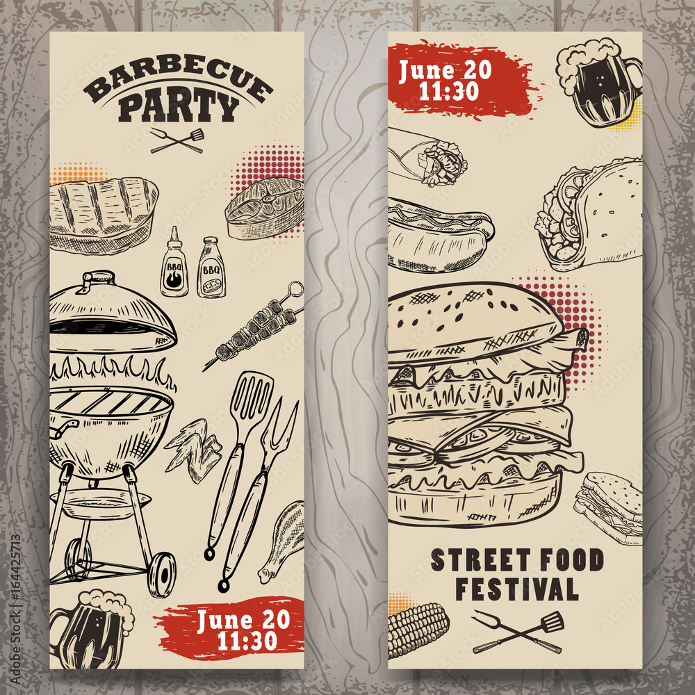 Set of bbq party invitation templates on light background. Grill, beer ...
