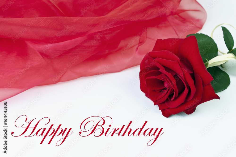 Happy Birthday card with red beautiful rose and textile Stock Photo ...