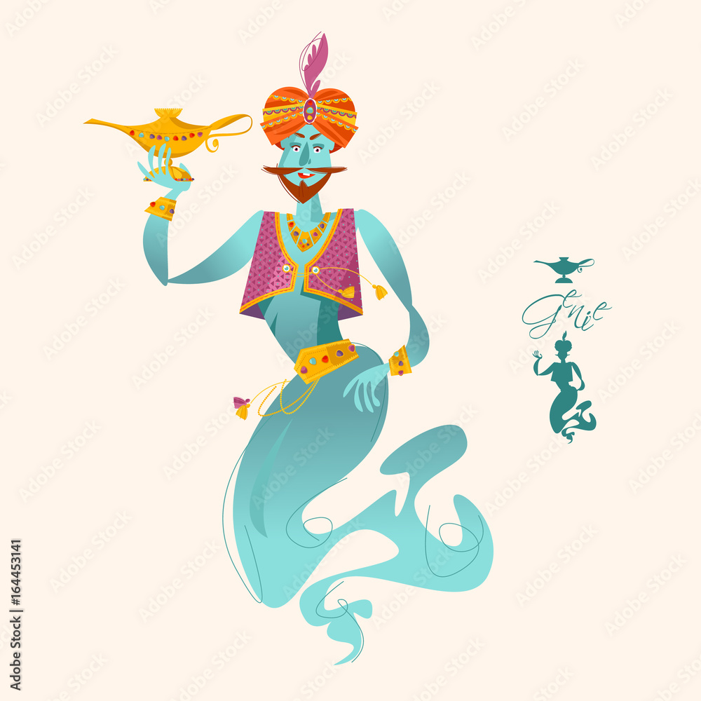 Happy genie with magic lamp. Vector illustration Stock Vector | Adobe Stock