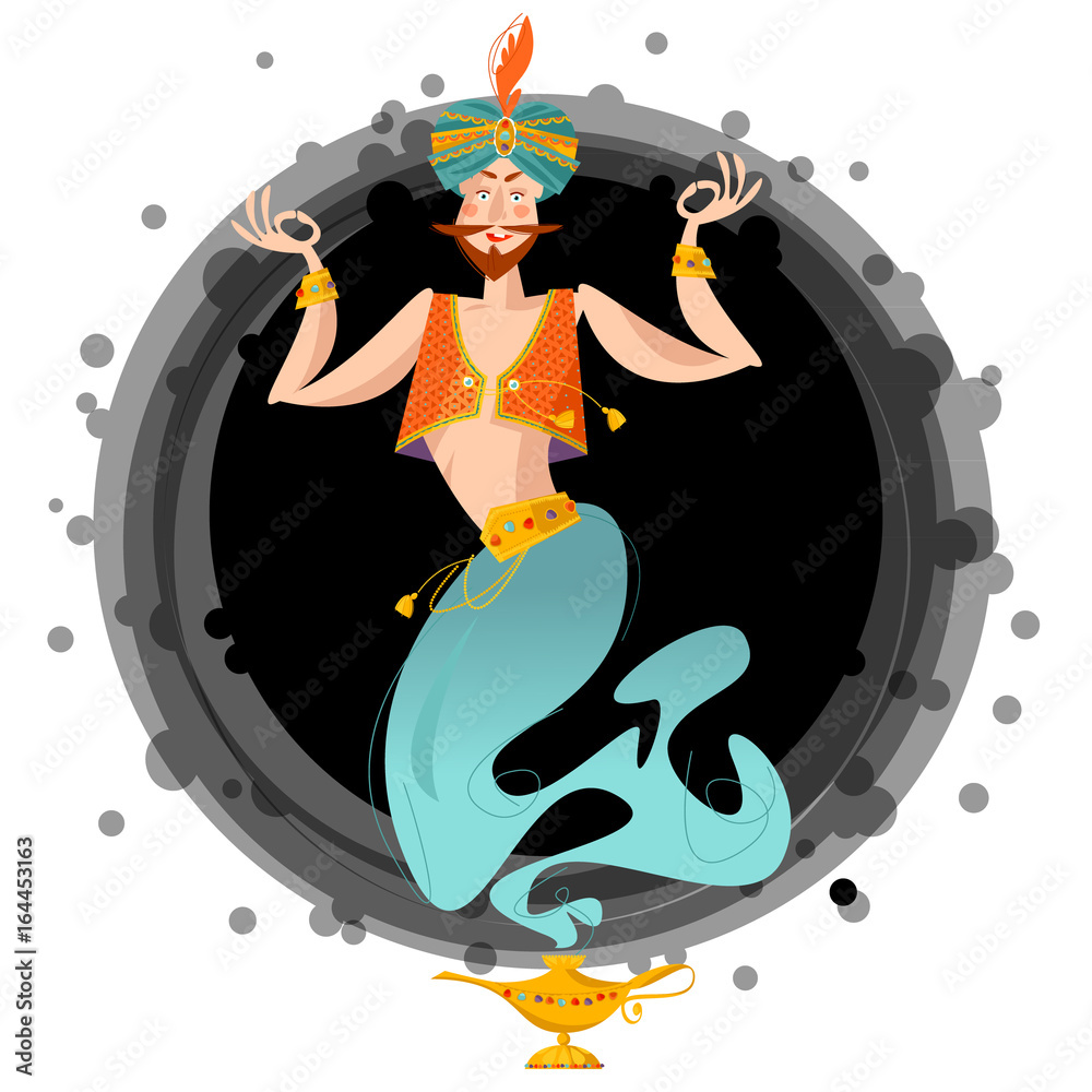 Happy genie with magic lamp. Stock Vector | Adobe Stock