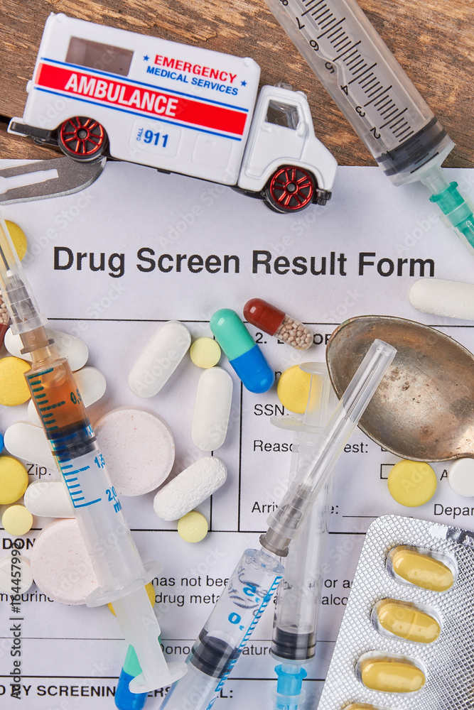 Drug screen result form, ambulance, syringes. Drugs injections and ...