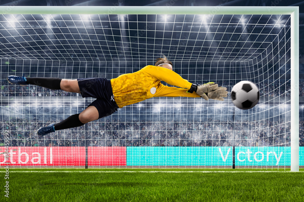 female goalie is jumping for the ball on crowded stadium Stock Photo ...