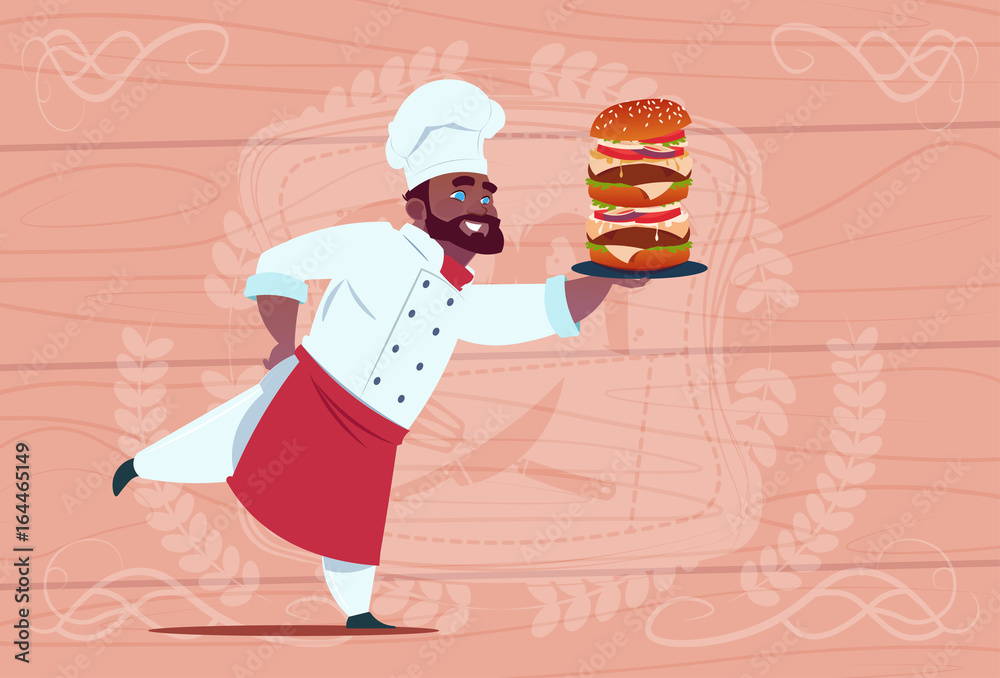 African American Chef Cook Hold Big Burger Smiling Cartoon Restaurant ...