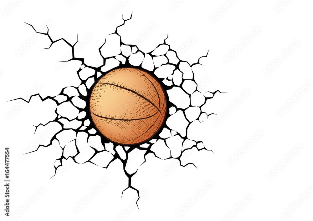 Basketball smash the white wall with cracks hole. Texture design of a ...