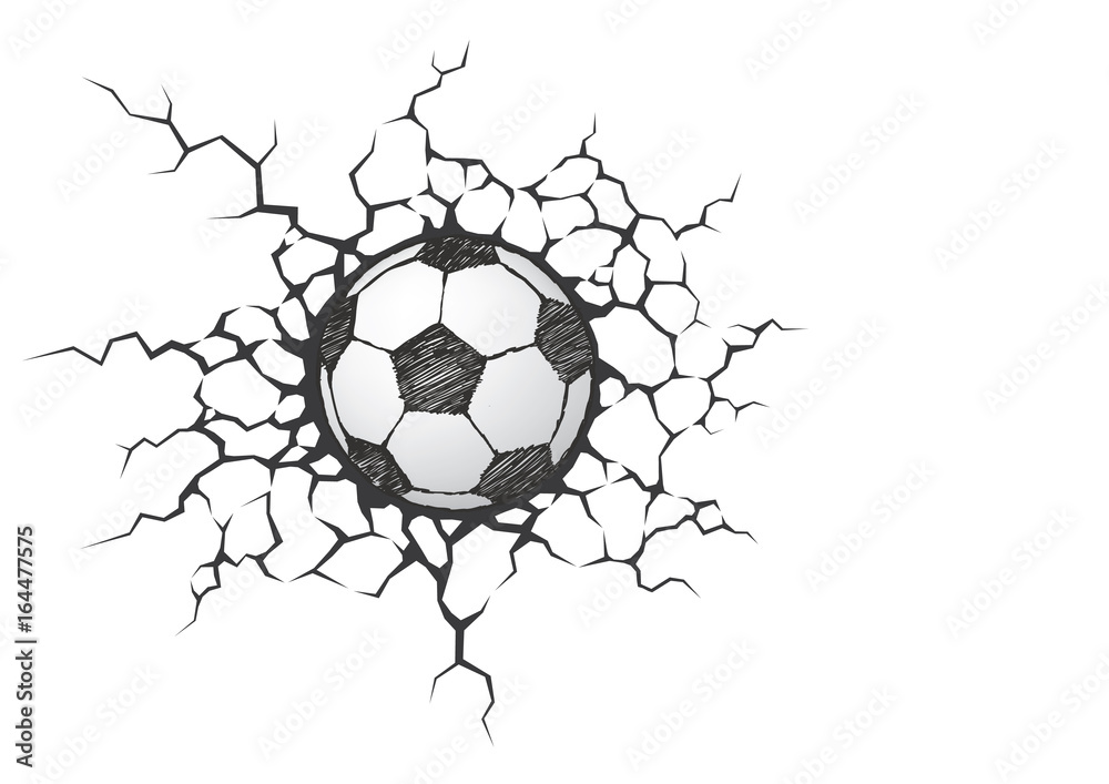 Soccer ball smash the white wall with cracks hole. Texture design of a ...