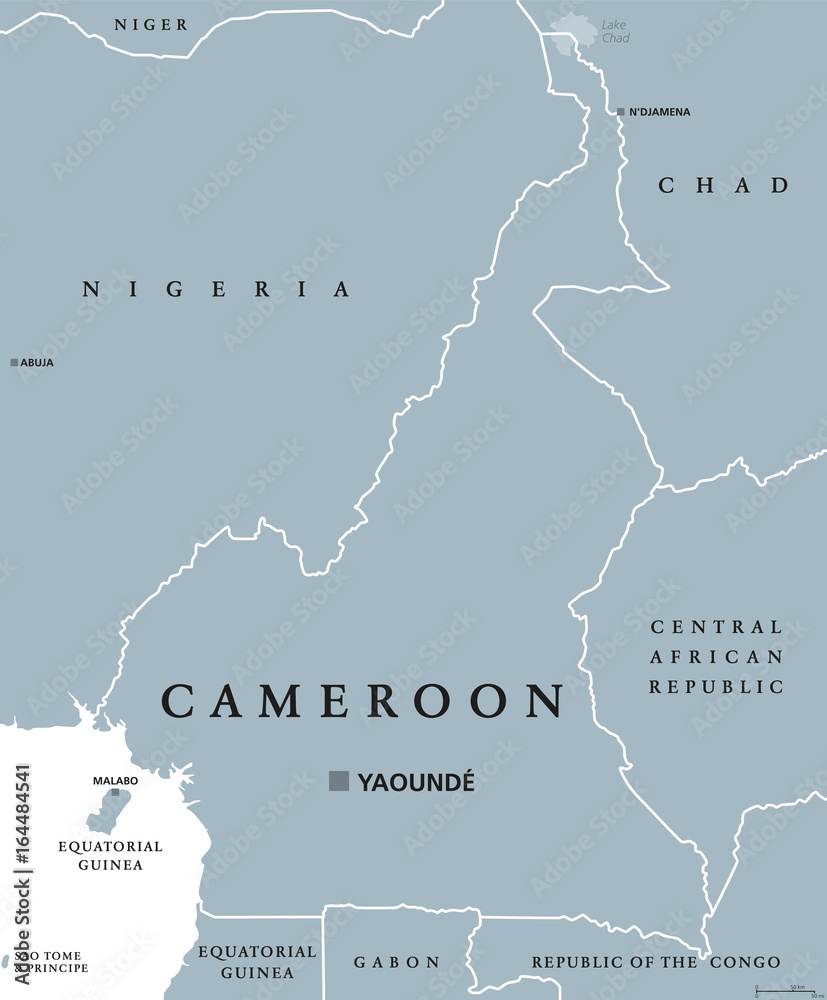 Cameroon political map with capital Yaoundé, international borders and ...