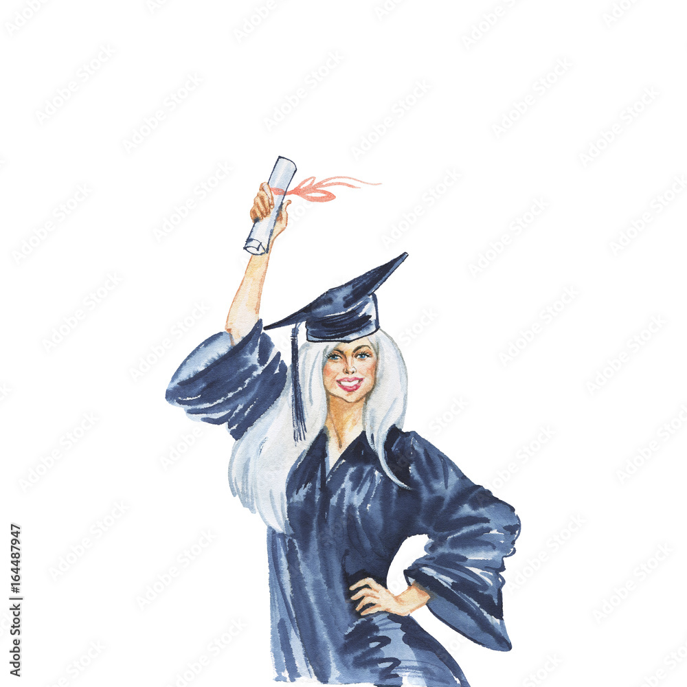 Watercolor smiling graduate student. Hand drawn european young woman in ...