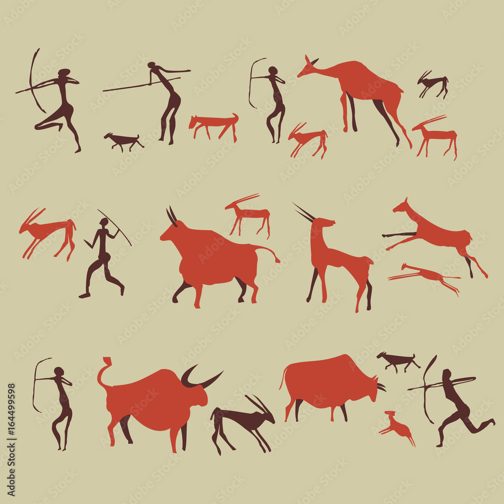 Cave drawing ; Ancient rock-painting stone age illustration vector ...