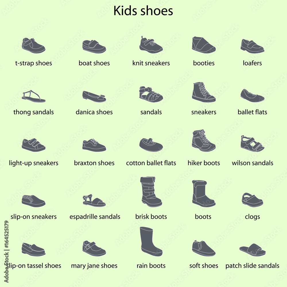 Kids shoes, set, collection of fashion footwear with names. Baby, girl ...