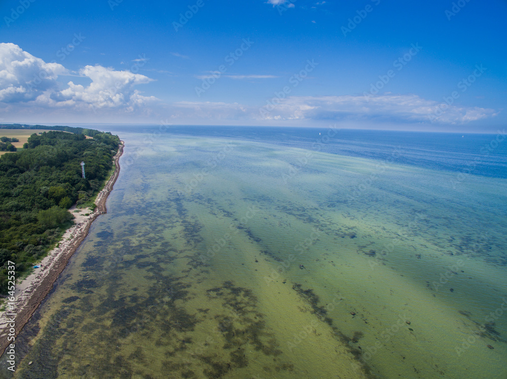 Aerial view of the beautiful beach coastline with cliffs at Poel island ...
