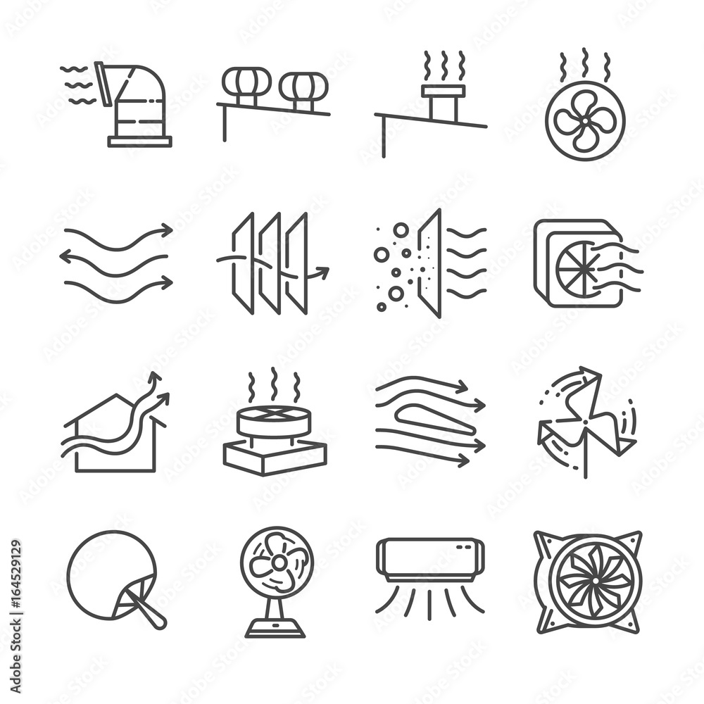 Airflow line icon set. Included the icons as airflow, turbine, fan, air ...