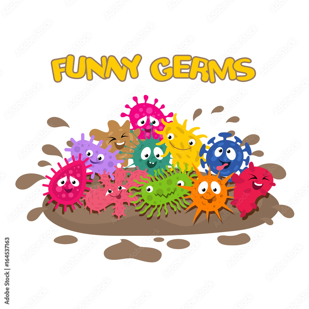 Funny vector germs. Cartoon bacteria splash in mud vector illustration ...