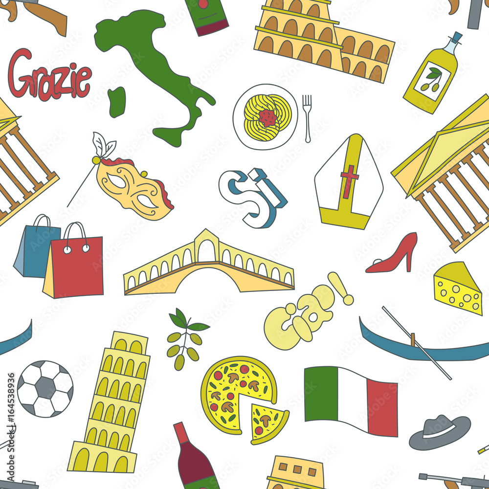 Hand drawn seamless pattern with Italy symbols - Pisa tower Coliseum ...