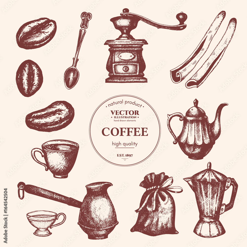 Coffee vintage collection. Coffee hand drawn elements. Background ...