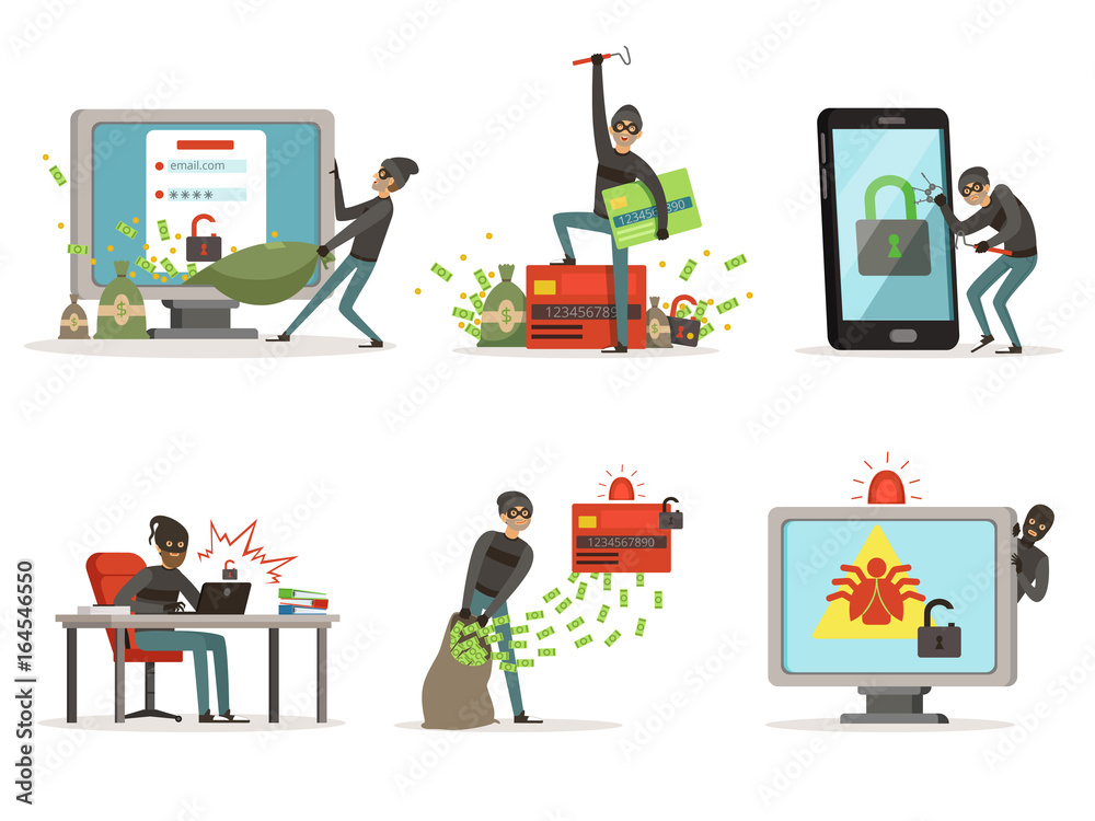 Cartoon illustrations of internet hackers. Breaking different user ...