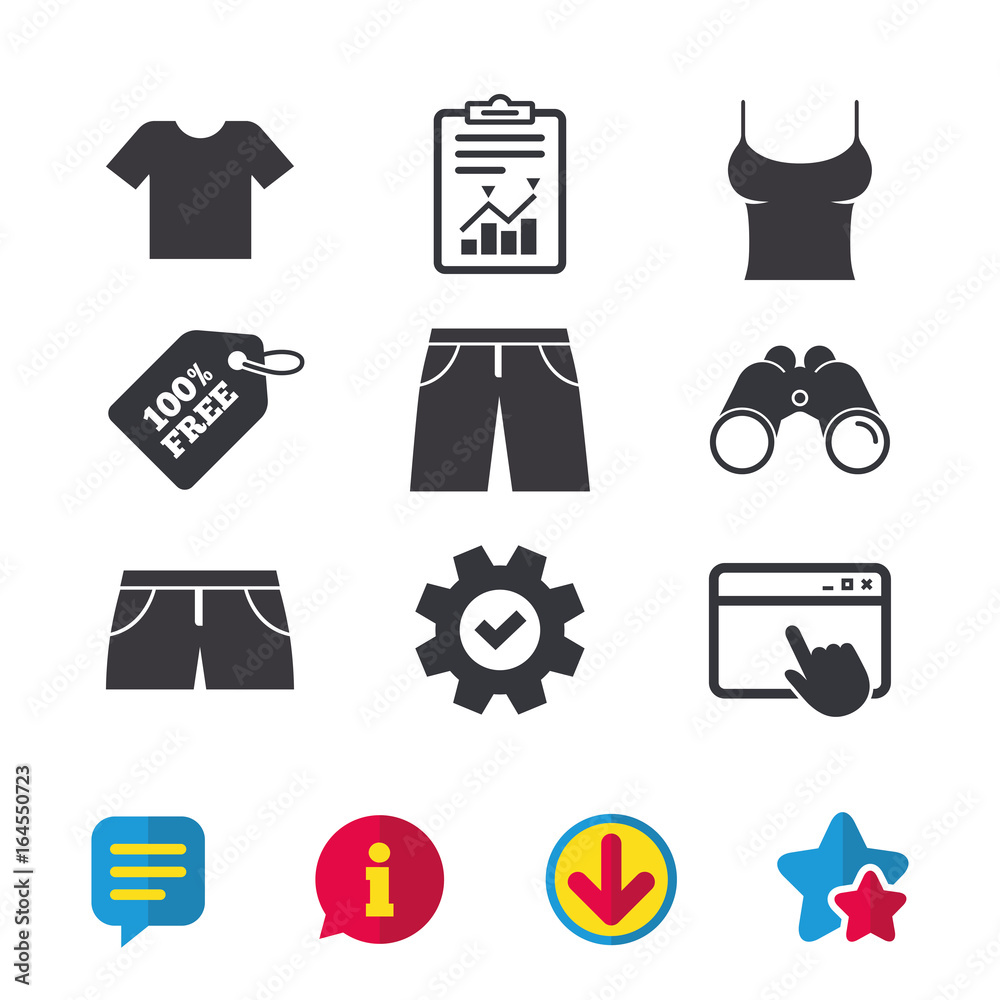 Clothes icons. T-shirt and pants with shorts signs. Swimming trunks ...