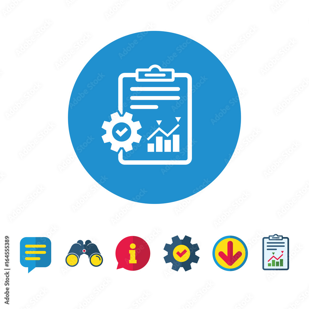 Vetor de Project management icon. Report document with cogwheel symbol. File with charts symbol ...
