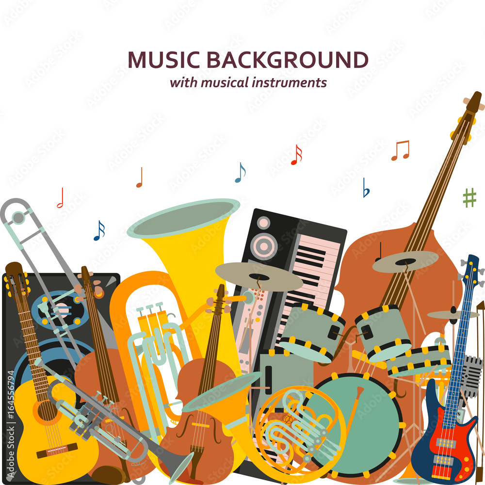 Music background made of different musical instruments, treble clef and ...