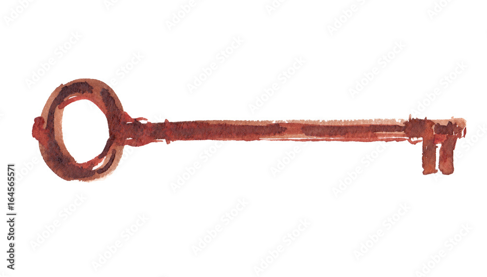 Single long vintage rusty skeleton key painted in watercolor on clean ...