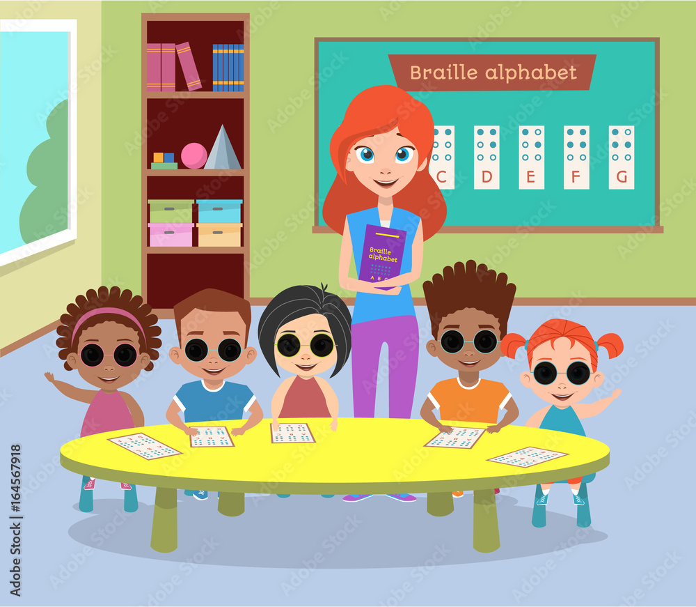 A special class of blind children with glasses. Blind children are ...