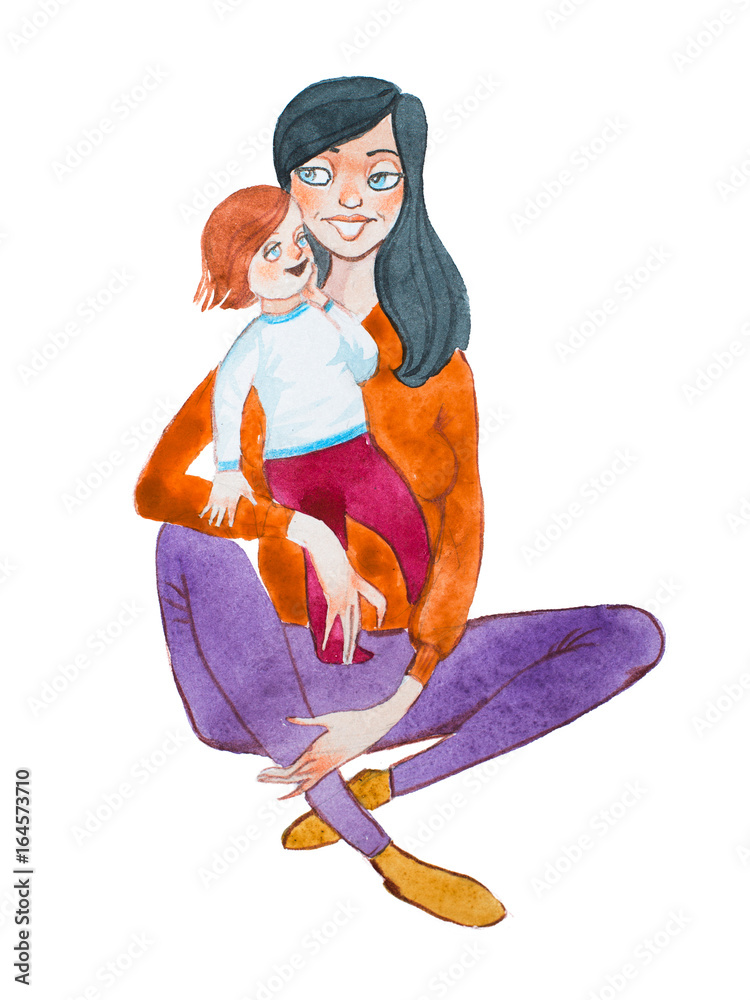 Watercolor drawing of happy mother holding and hugging her child Stock ...