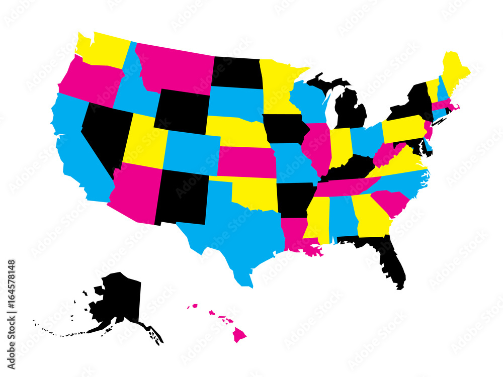 Political map of USA, United States of America, in CMYK colors isolated ...