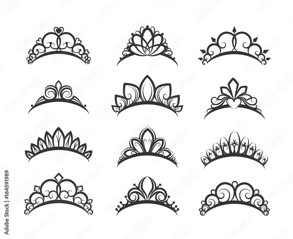 Vector tiara set. Beautiful queen tiaras or princess crown silhouettes ...