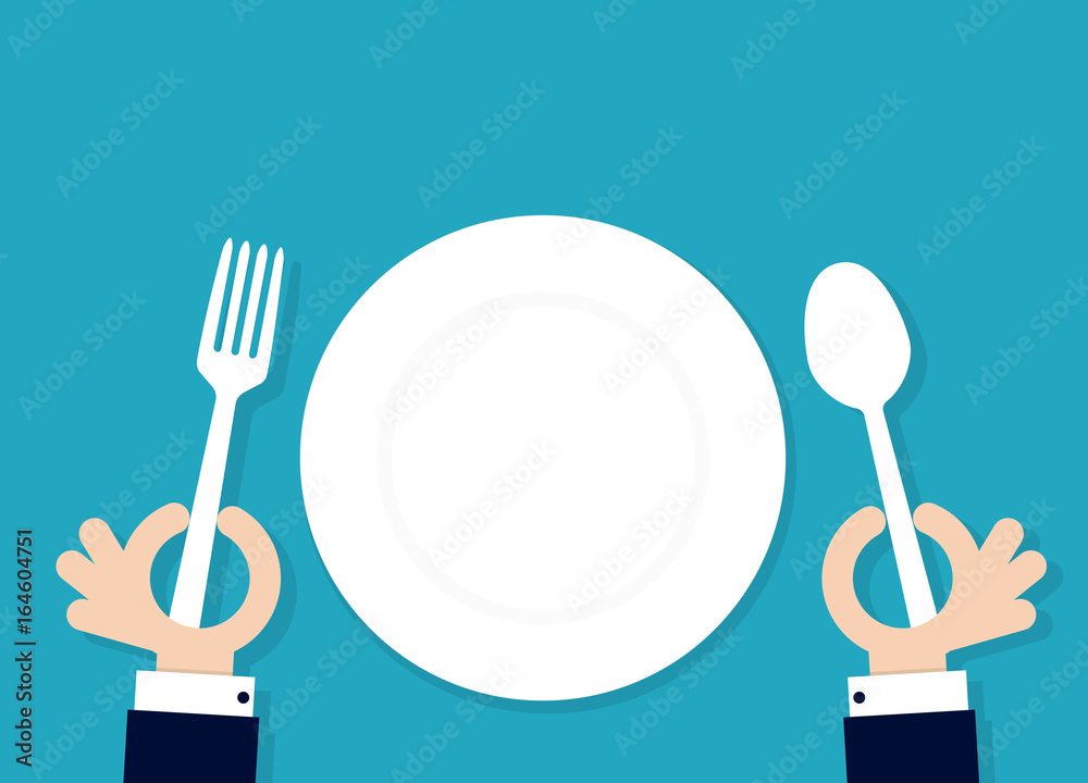 cartoon hahds holding fork and spoon with empty plate Stock Vector ...
