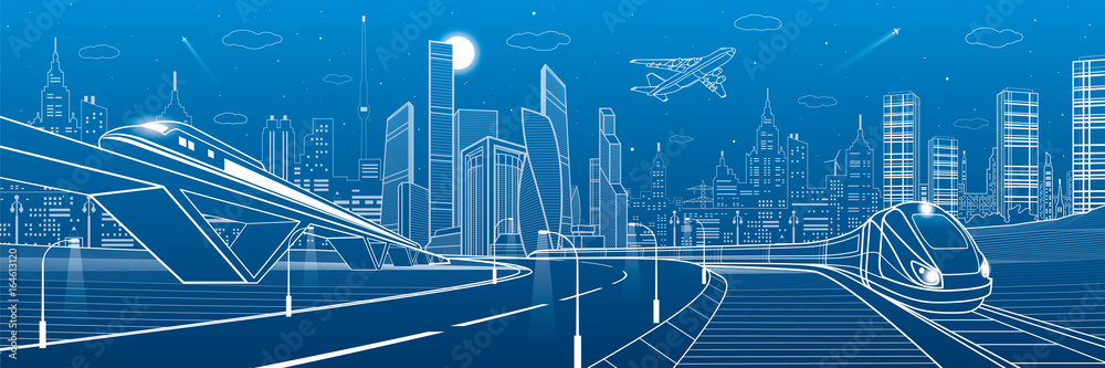 Infrastructure transportation panoramic. Railway bridge. Train rides ...