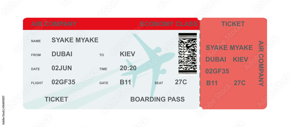 Airline boarding pass ticket with airplane and red stripe with QR code ...