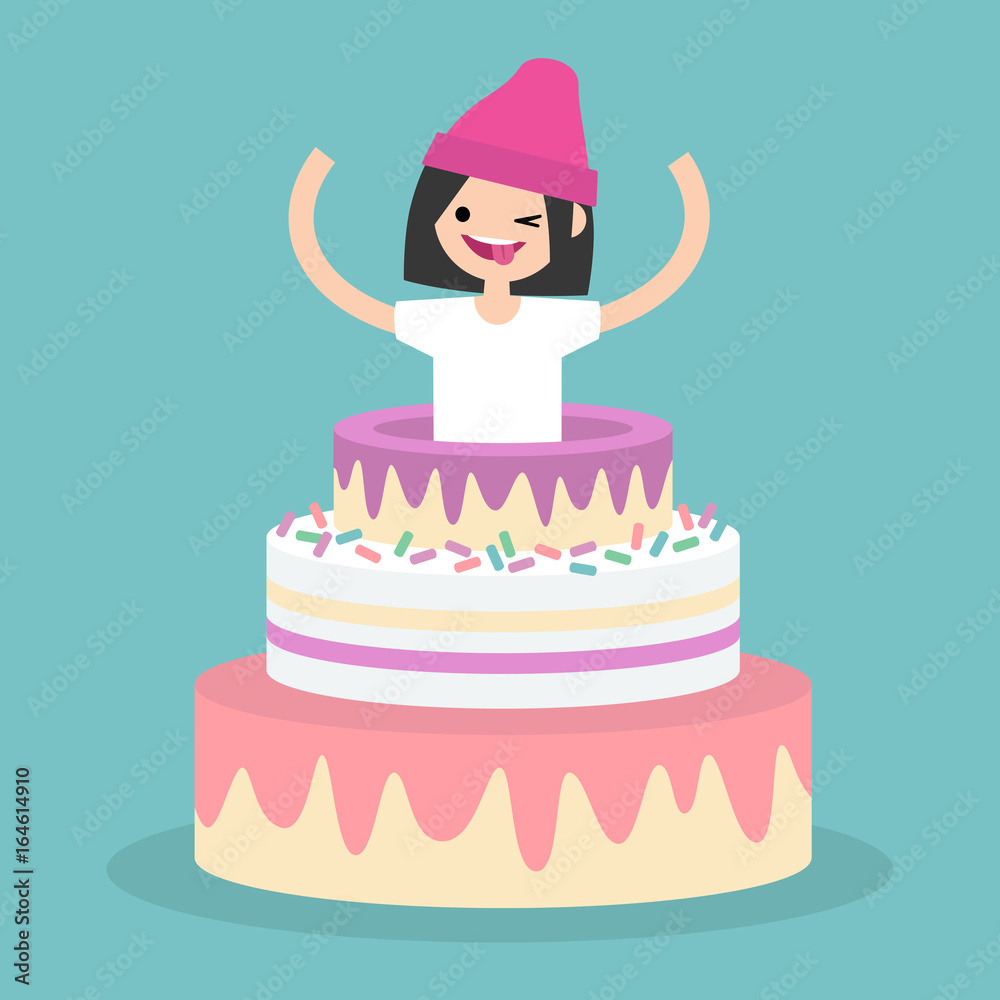Young female character jumping out of a cake / flat editable vector ...
