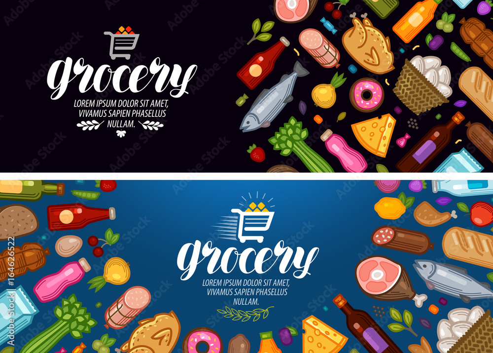 Grocery store, banner. Food and drinks label. Vector illustration Stock ...