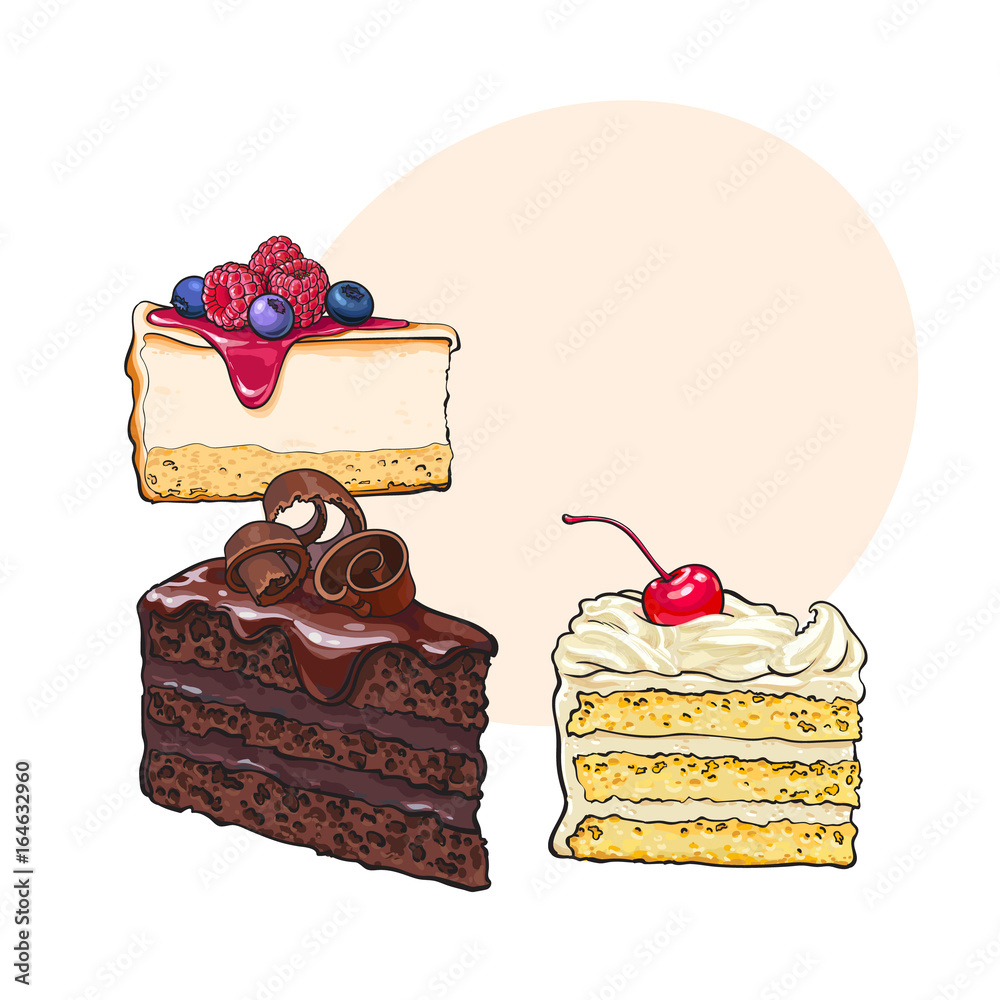 Hand drawn desserts - pieces, slices of cheesecake and layered vanilla ...