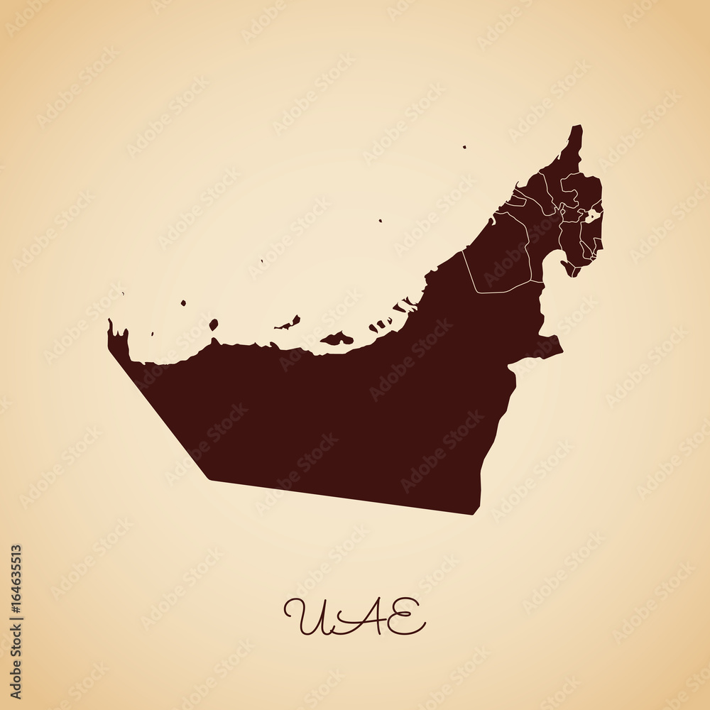 UAE region map: retro style brown outline on old paper background ...